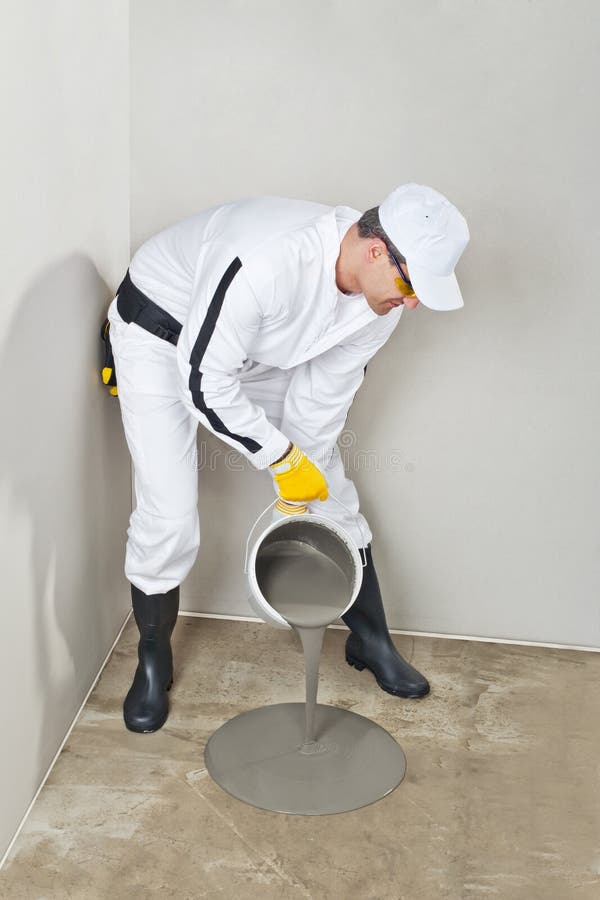 Worker Apply Self Leveling Floor Stock Image - Image of bucket, self ...