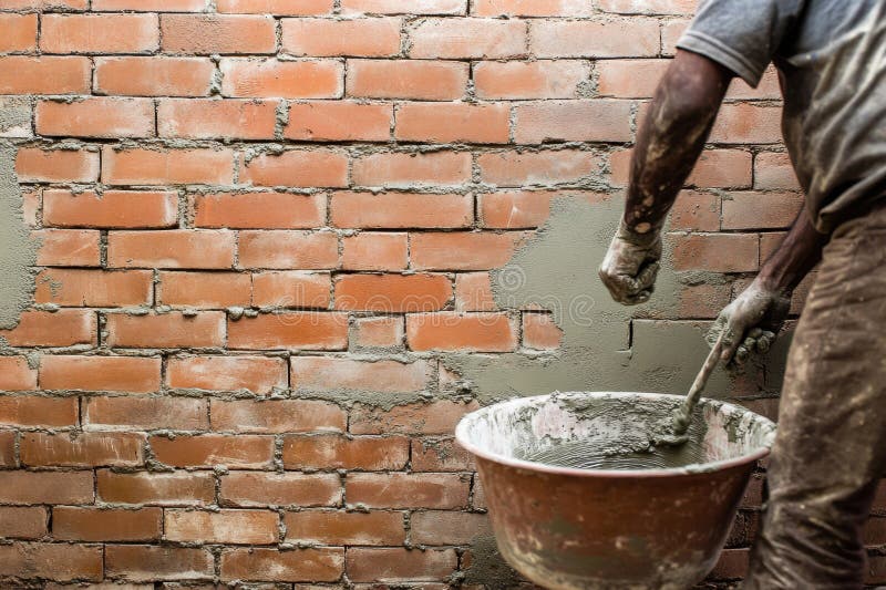 Worker Applying Cement To a Brick Wall in a Construction Setting Stock ...