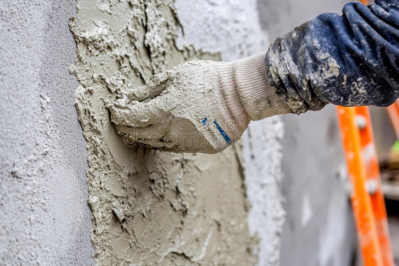 Worker Applying Fresh Cement Mix To a Wall with Careful Attention ...