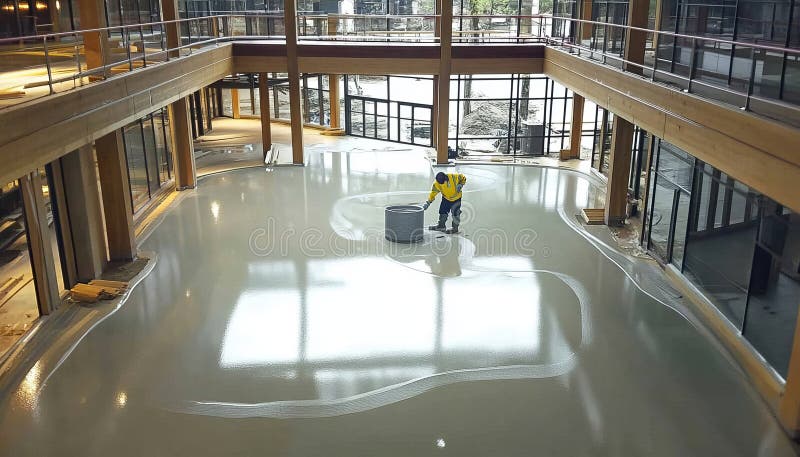 Worker Applying Gray Epoxy Resin To the Large Floor in a Modern ...