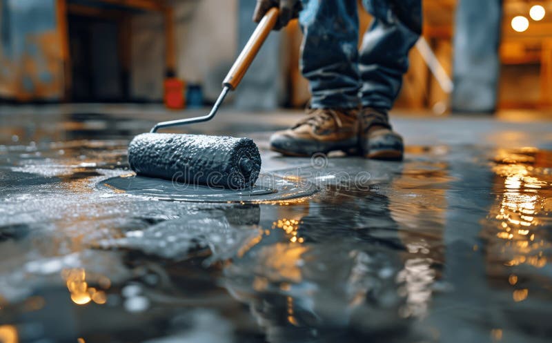 Worker Applying Grey Paint Roller To Concrete Floor during House ...
