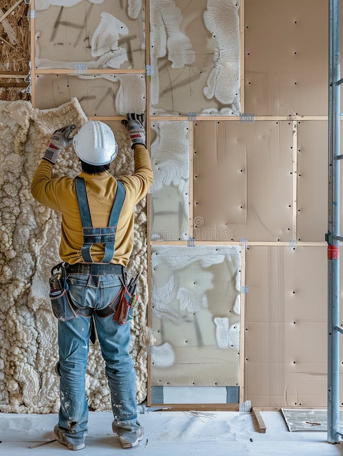 Worker Applying Insulation Material before Drywall Installation for ...
