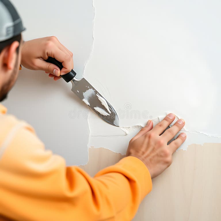 A Worker Applying Joint Compound with a Drywall Taping Knife on a ...