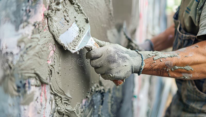 Worker Applying Plaster on a Wall with a Trowel, Showcasing Plastering ...