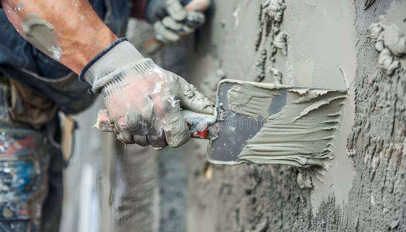 Worker Applying Plaster on a Wall with a Trowel, Showcasing Plastering ...