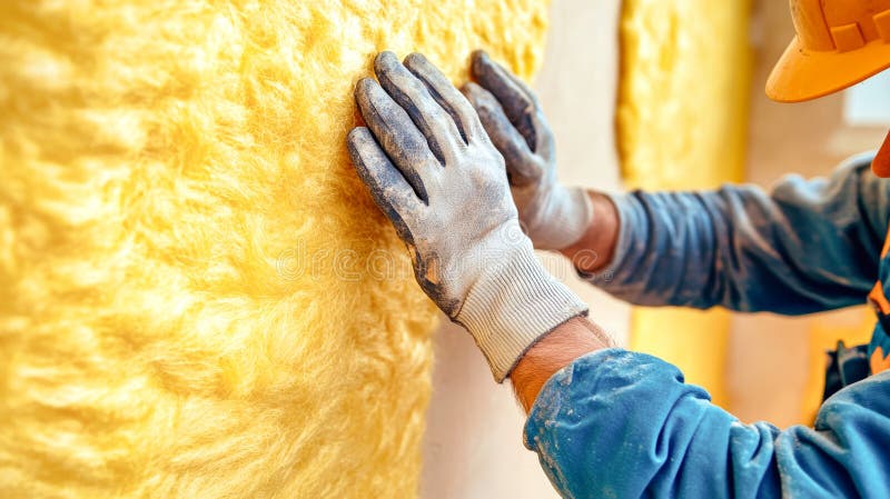 Worker Applying Rock Wool Insulation To a Yellow Wall in a Building ...
