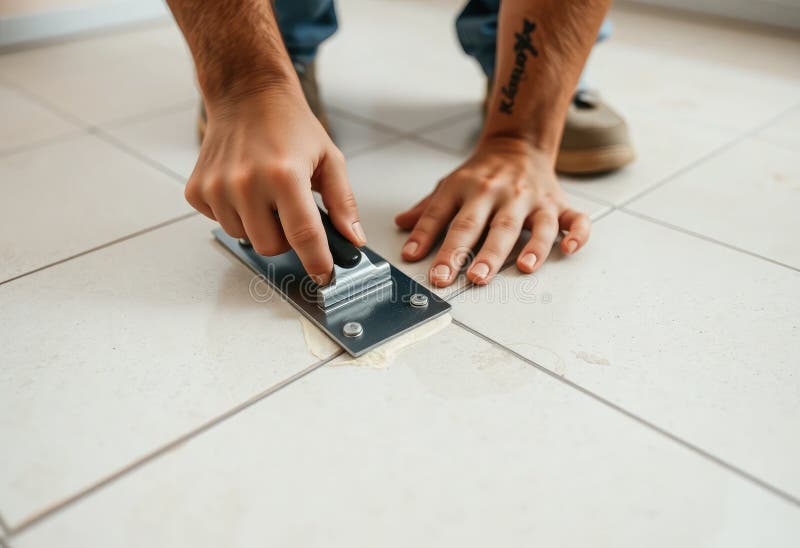 A Worker Applying Tile Adhesive on the Floor, Using a Notched Trowel To ...