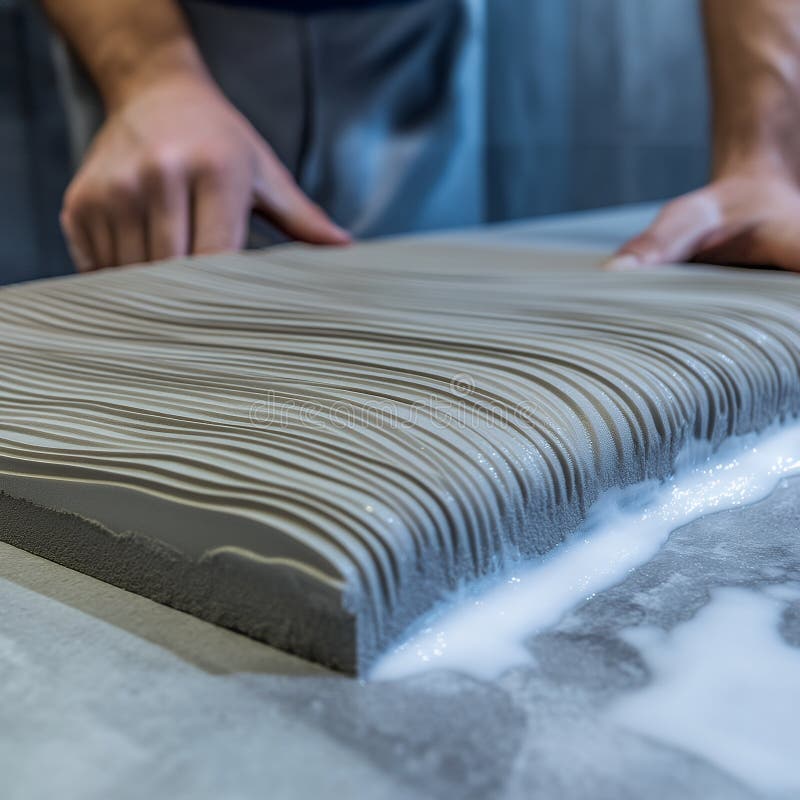 Worker Applying Tile Adhesive, Focusing on Precision and Skill in ...