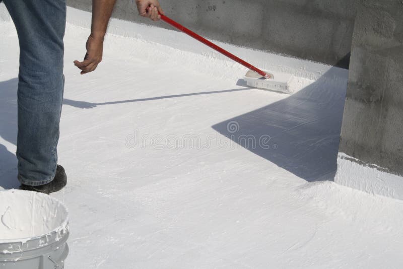 Worker Applying White Roof Coating Stock Image - Image of blue ...