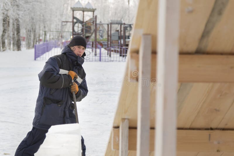 Worker Assembler Crowbar Moves the Ice Block Stock Photo - Image of ...