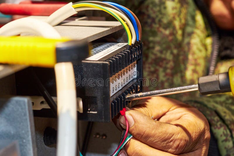 Worker Assembling Contact Panel with Wired Electrical Contactor Stock ...