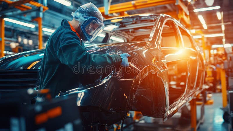 Worker Assembling a Vehicle in a Modern Automotive Factory Stock ...