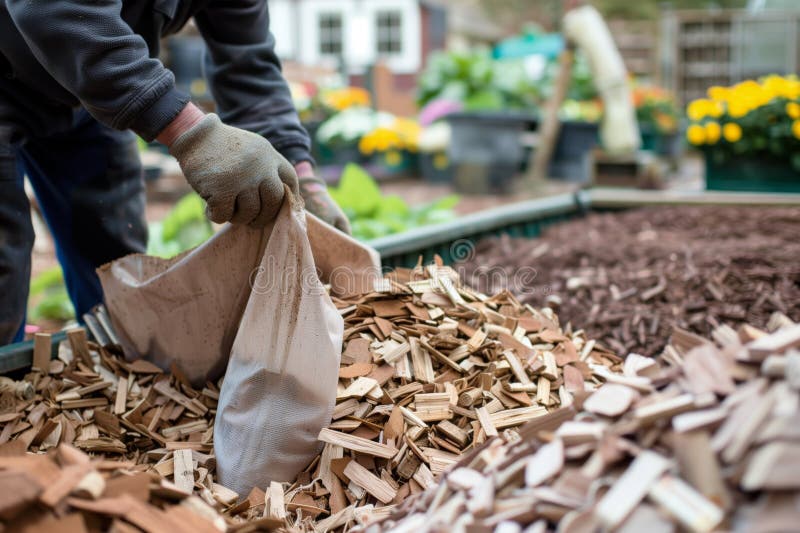 Worker Bagging Wood Chips for Sale at a Garden Center Stock ...
