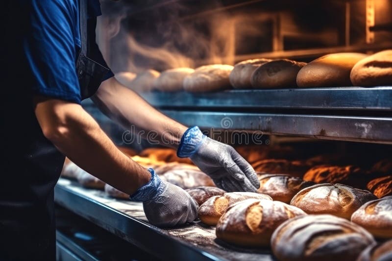 A Worker in a Bakery Puts Bread in the Oven. Bread Production ...
