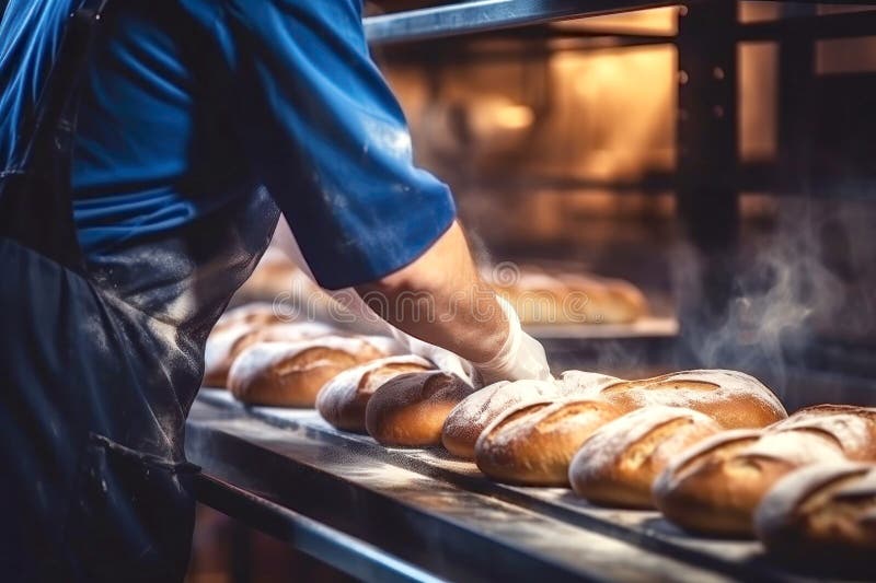 A Worker in a Bakery Puts Bread in the Oven. Bread Production ...