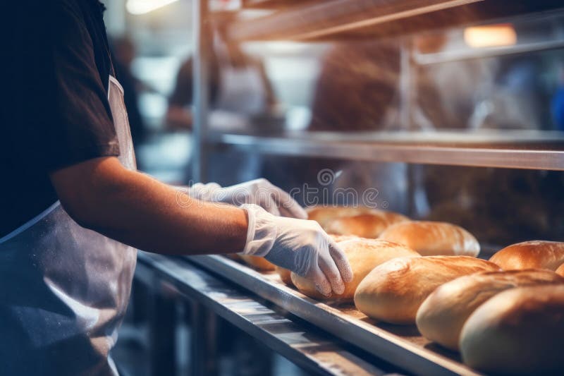 A Worker in a Bakery Puts Bread in the Oven. Bread Production ...