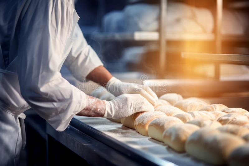 A Worker in a Bakery Puts Bread in the Oven. Bread Production ...