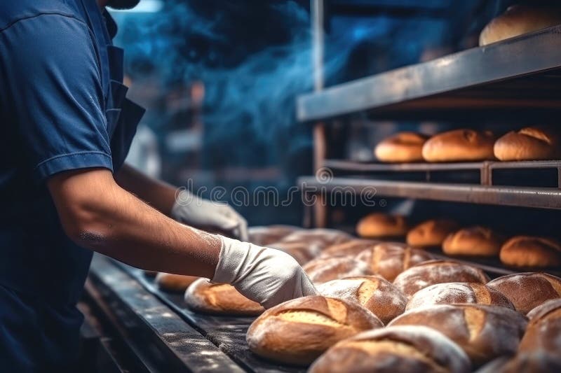A Worker in a Bakery Puts Bread in the Oven. Bread Production ...