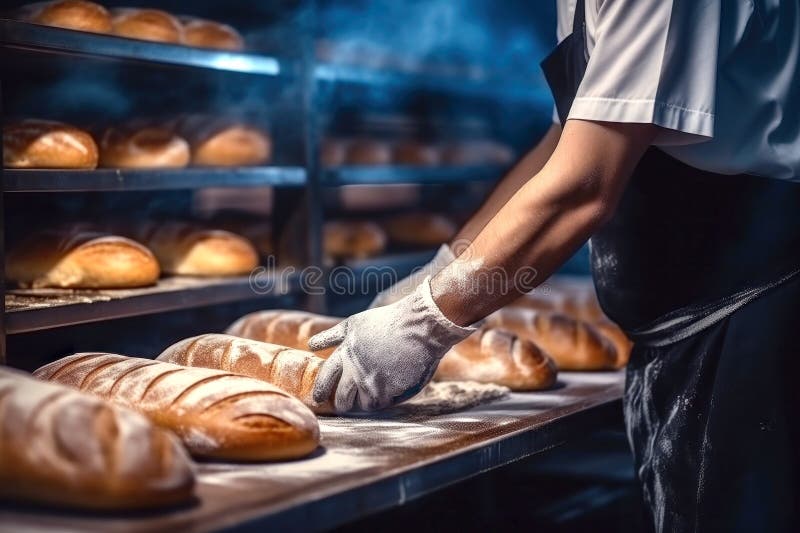 A Worker in a Bakery Puts Bread in the Oven. Bread Production ...