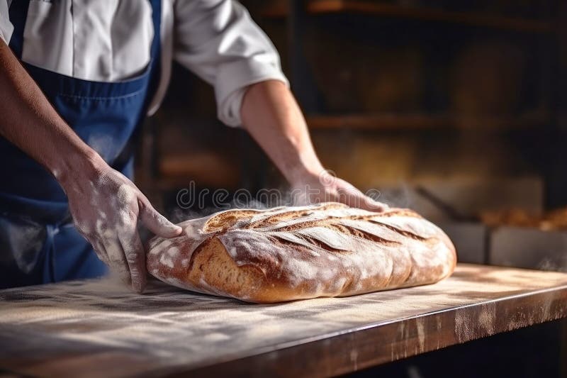 A Worker at a Bakery Takes Fresh Bread Out of the Oven. Industrial ...