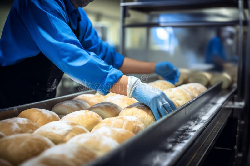 A Worker at a Bakery Takes Fresh Bread Out of the Oven. Industrial ...