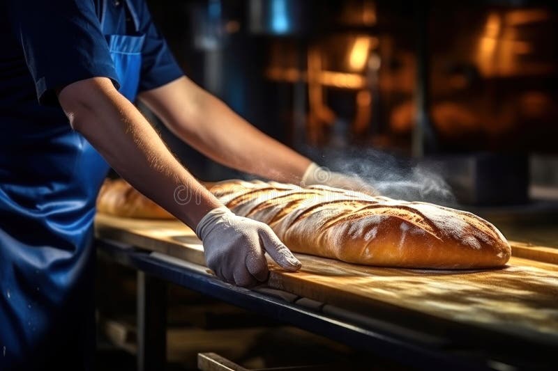 A Worker at a Bakery Takes Fresh Bread Out of the Oven. Industrial ...