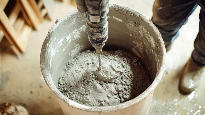 A Worker Blends a Wet Cement Mixture Using an Electric Drill in a Gray ...