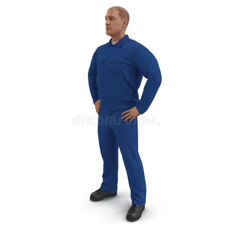 Worker in Blue Coverall Standing Pose on White Background. 3D ...