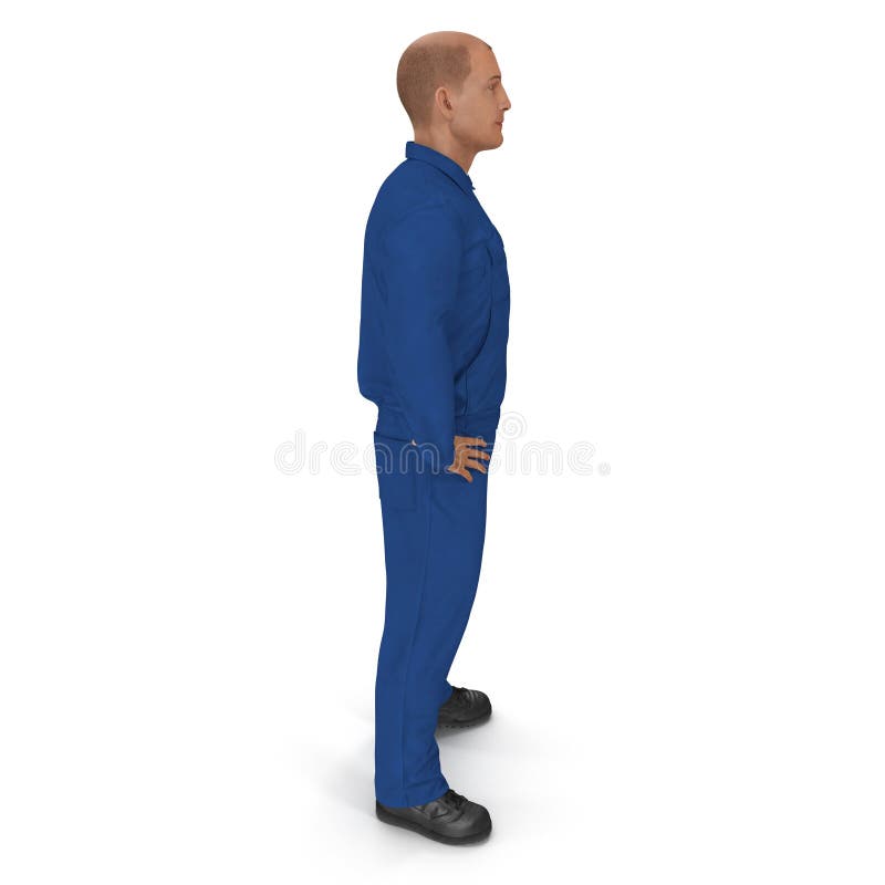 Worker in Blue Coverall Standing Pose on White Background. 3D ...