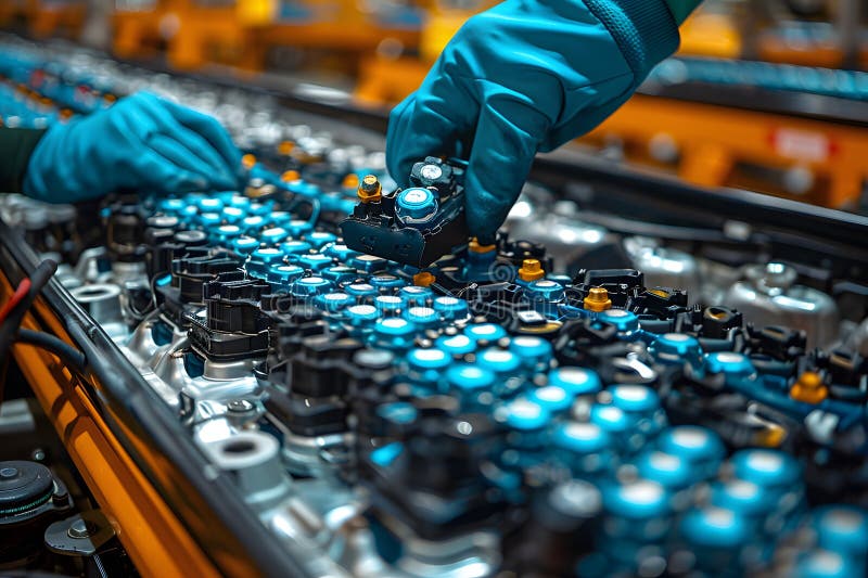 Industrial Assembly Line with Worker Handling Battery Components for ...