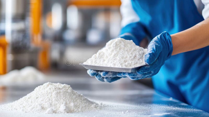 Worker in Blue Gloves Holding White Powder Stock Illustration ...