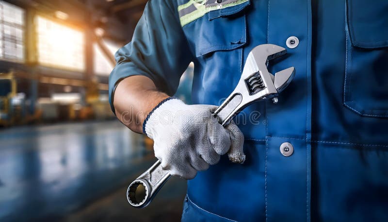 A Worker in Blue Overalls Holding a Large Adjustable Wrench in a ...