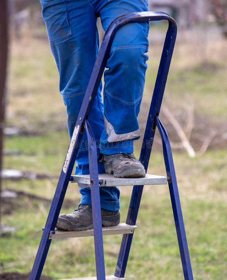 Worker in Blue Overalls Stands on a Metal Ladder in the Yard Stock ...