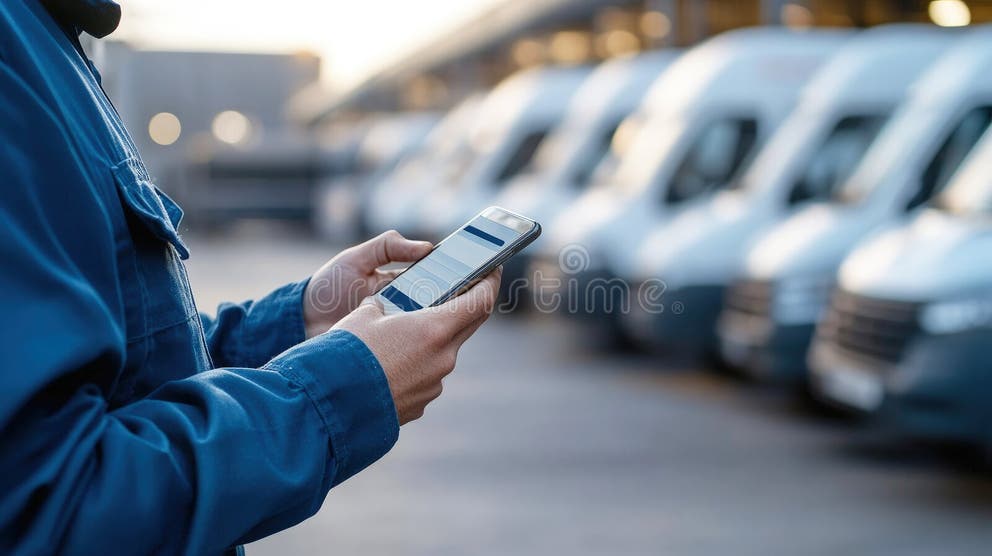 A Worker in a Blue Uniform Using a Smartphone Outdoors, with a Fleet of ...