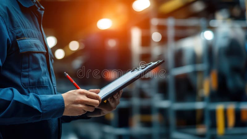 A Worker in a Blue Uniform Using a Tablet for Tasks in an Industrial ...