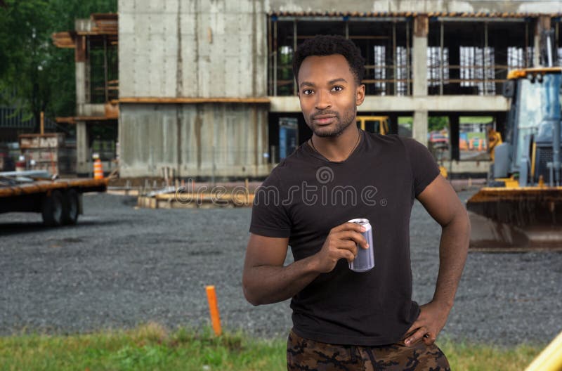 Construction Site Worker on Break Drinking Soda Stressed Job Tired ...