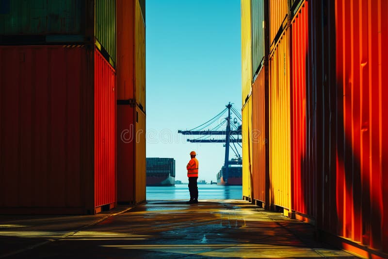 A Worker in Bright Housing Stands Watch in the Cargo Port Stock Photo ...