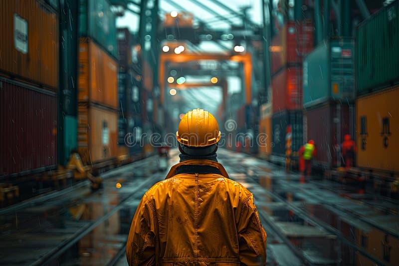 A Worker in Bright Housing Stands Watch in the Cargo Port Stock Photo ...