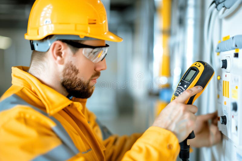 A Worker in a Bright Yellow Safety Jacket and Hard Hat Carefully ...