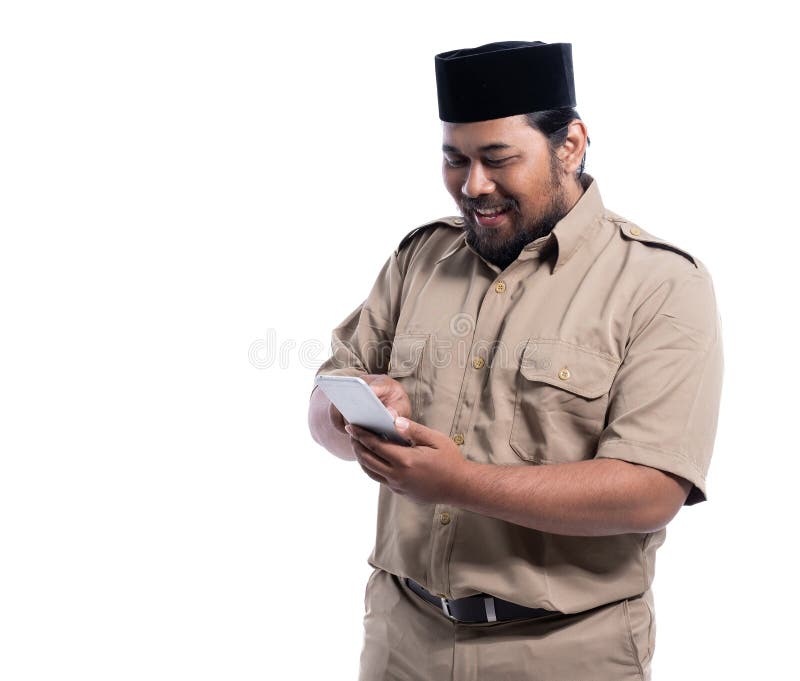 Excited Male Worker Wearing Brown Uniform Raised His Arm Stock Photo ...
