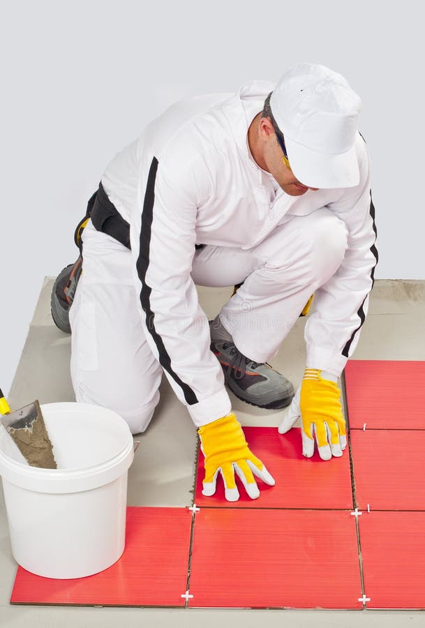 Worker with Bucket Adhesive Apply Red Tiles Stock Photo - Image of ...