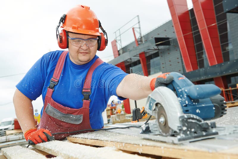 Worker Builder Cutting Material Stock Image - Image of people, manual ...