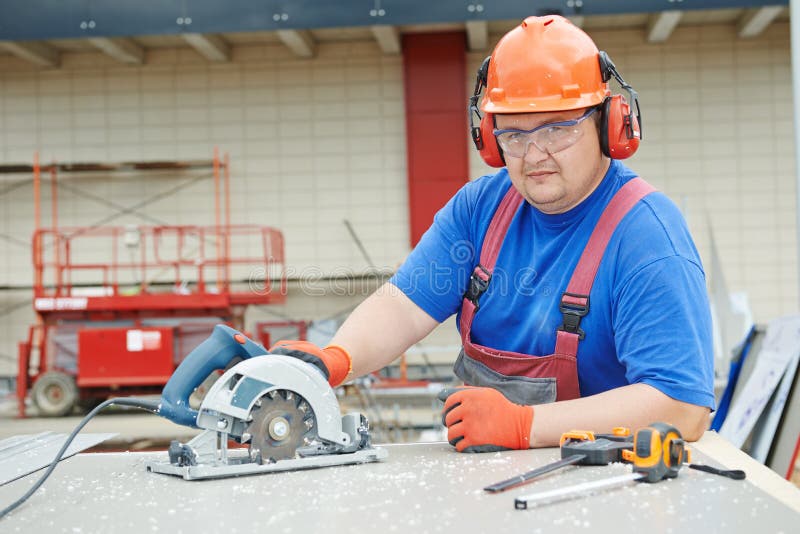 Worker Builder Cutting Material Stock Image - Image of people, manual ...