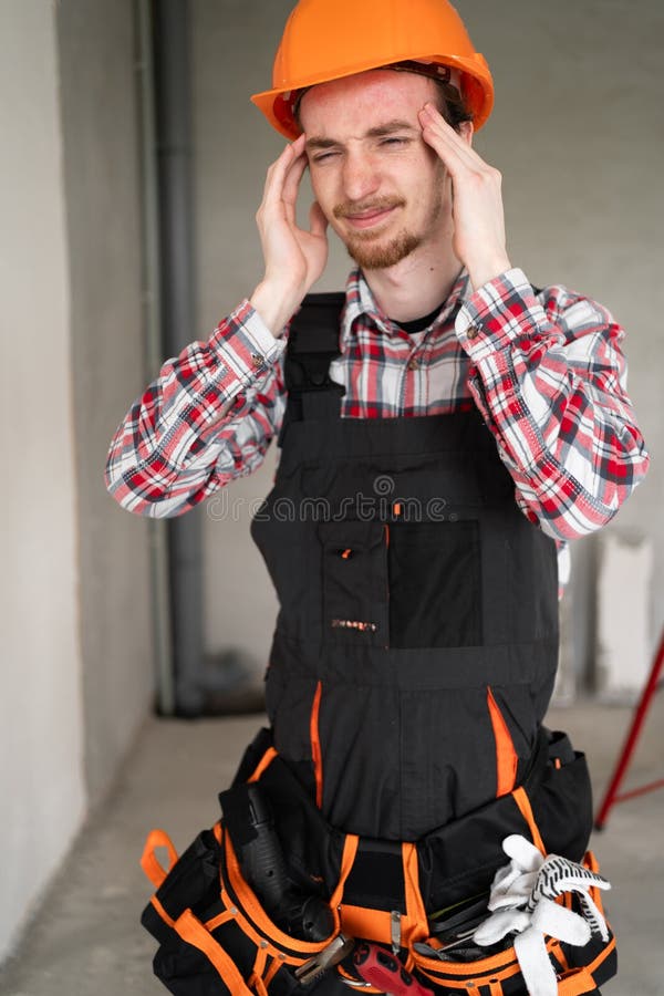 Worker or Builder in Helmet Suffering from Migraine and Headache ...