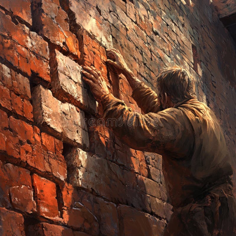 Worker Building the Border Wall with WALL Bricks for Border Control ...