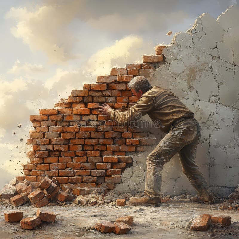 Worker Building the Border Wall with WALL Bricks for Border Control ...