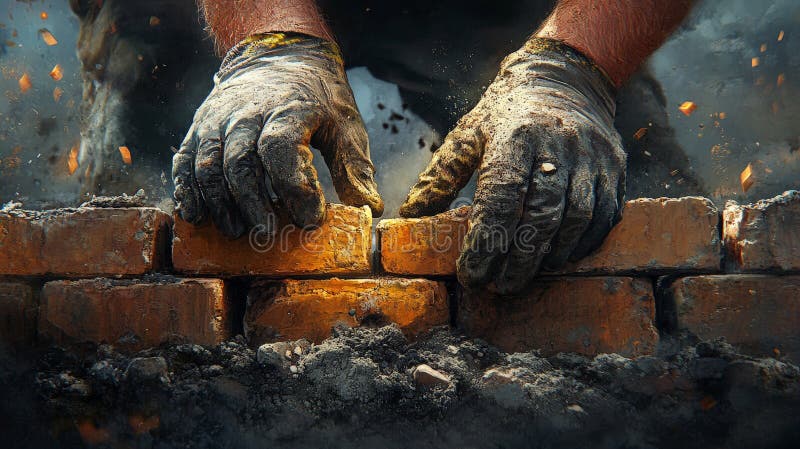 Worker Building the Border Wall with WALL Bricks for Border Control ...