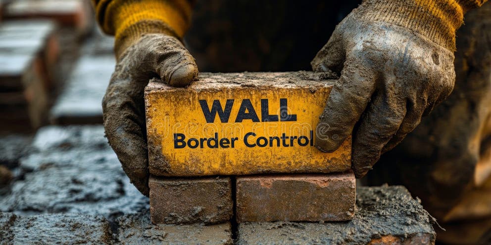 Worker Building the Border Wall with WALL Bricks for Border Control ...