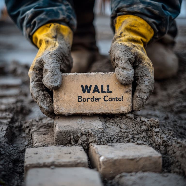 Worker Building the Border Wall with WALL Bricks for Border Control ...