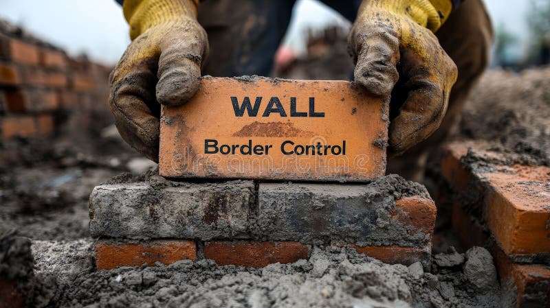 Worker Building the Border Wall with WALL Bricks for Border Control ...